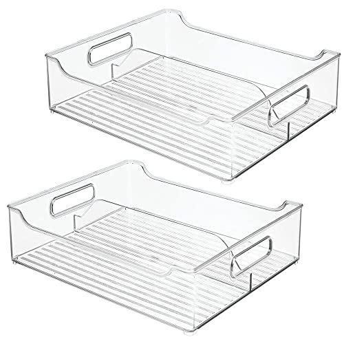 mDesign Wide Plastic Kitchen Pantry Cabinet, Refrigerator, Freezer Food Storage Bin with Handles - Divided Organizer for Fruit, Yogurt, Snacks, Pasta - BPA Free, 14.5" Long, 2 Pack - Clear