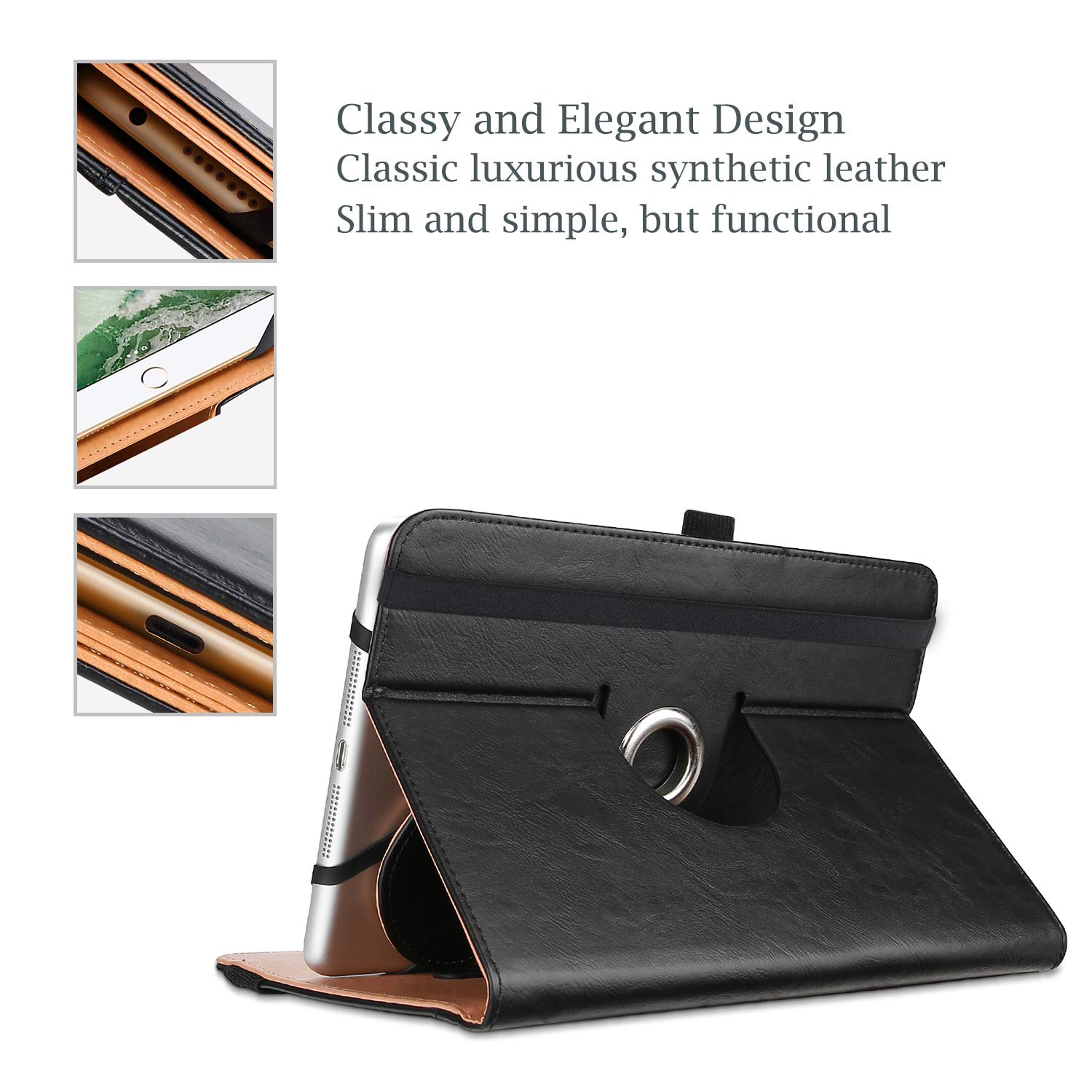 ProCase 7"-8" Inch Universal Tablet Case, Protective Cover Leather Folio Case for 7 8 Inch Android Touchscreen Tablet, with 360 Degree Rotatable Kickstand and Multiple Viewing Angles -Black