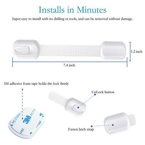 Baby Safety Locks | Child Proof Cabinet, Drawer, Appliances, Toilet Seat, Fridge and Oven & More | No Tools or Driling Required | Use 3M adhesive with Adjustable Strap and Latch System - 6 Pack, White
