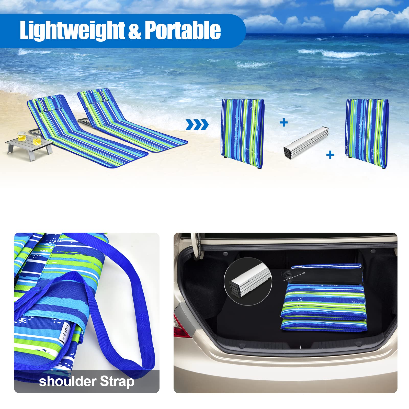 GYMAX Beach Chairs, Folding Tanning Lounge Chairs with Table Set, Adjustable Patio Floor Chair, Outdoor Sunbath Chair with Desk, Pillow & Storage Bag for Outside, Patio, Poolside (Blue Stripe)