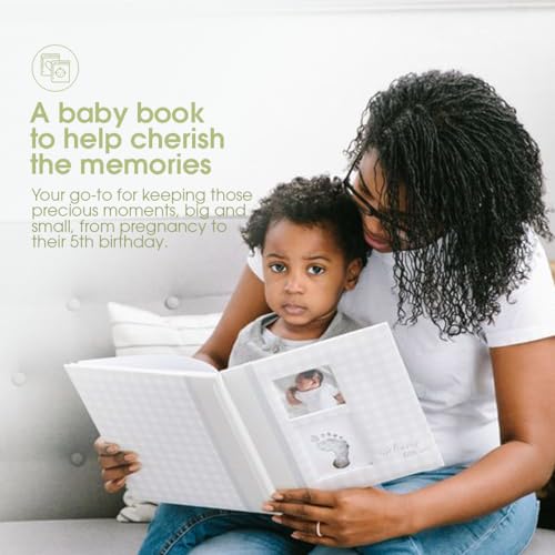Pearhead Welcome Little One First 5 Years Memory Book, Gender-Neutral Baby Keepsake for New and Expectant Parents, Pregnancy And Milestone Journal, Gray Gingham