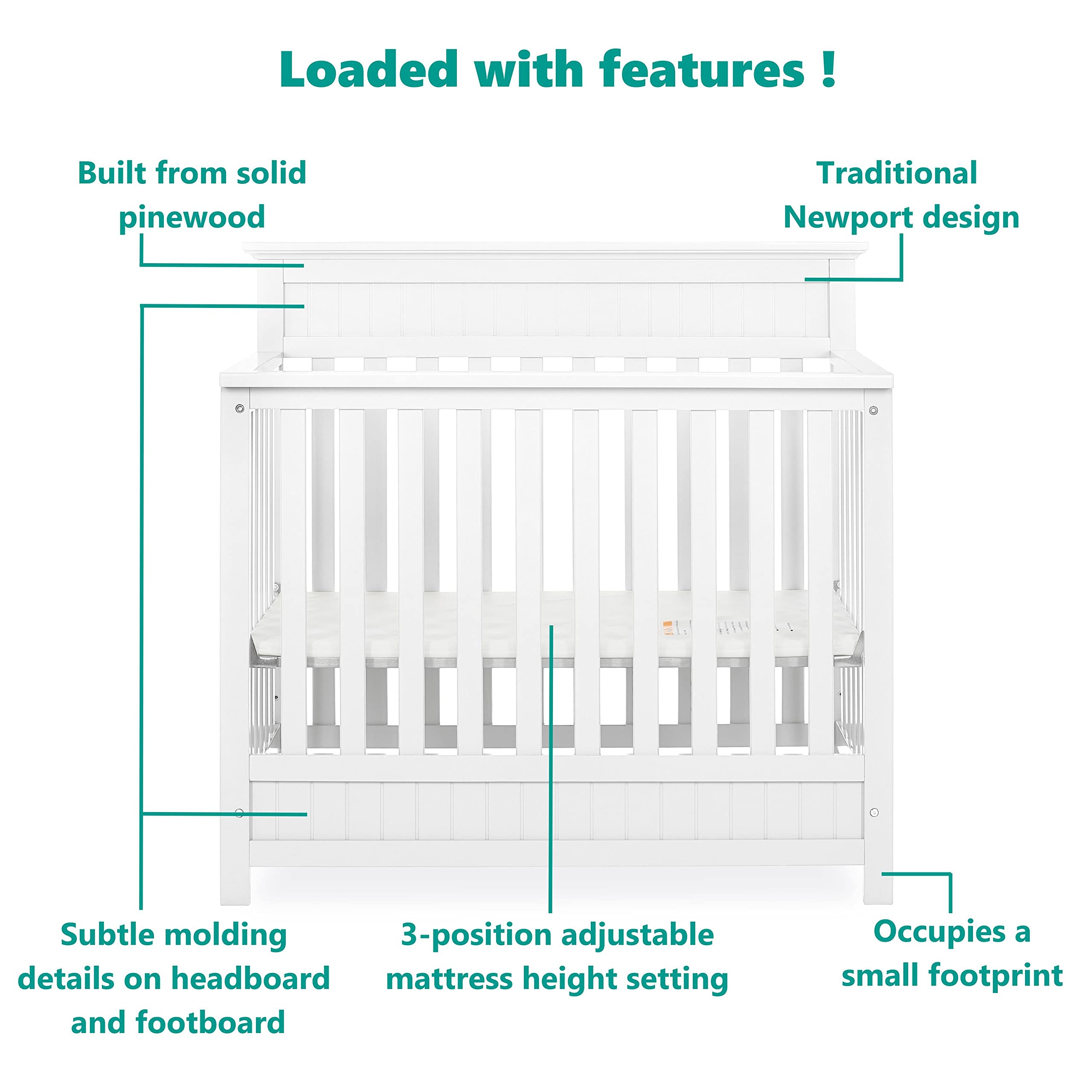 Dream On Me Harbor 4-in-1 Convertible Mini Crib in White, Greenguard Gold Certified