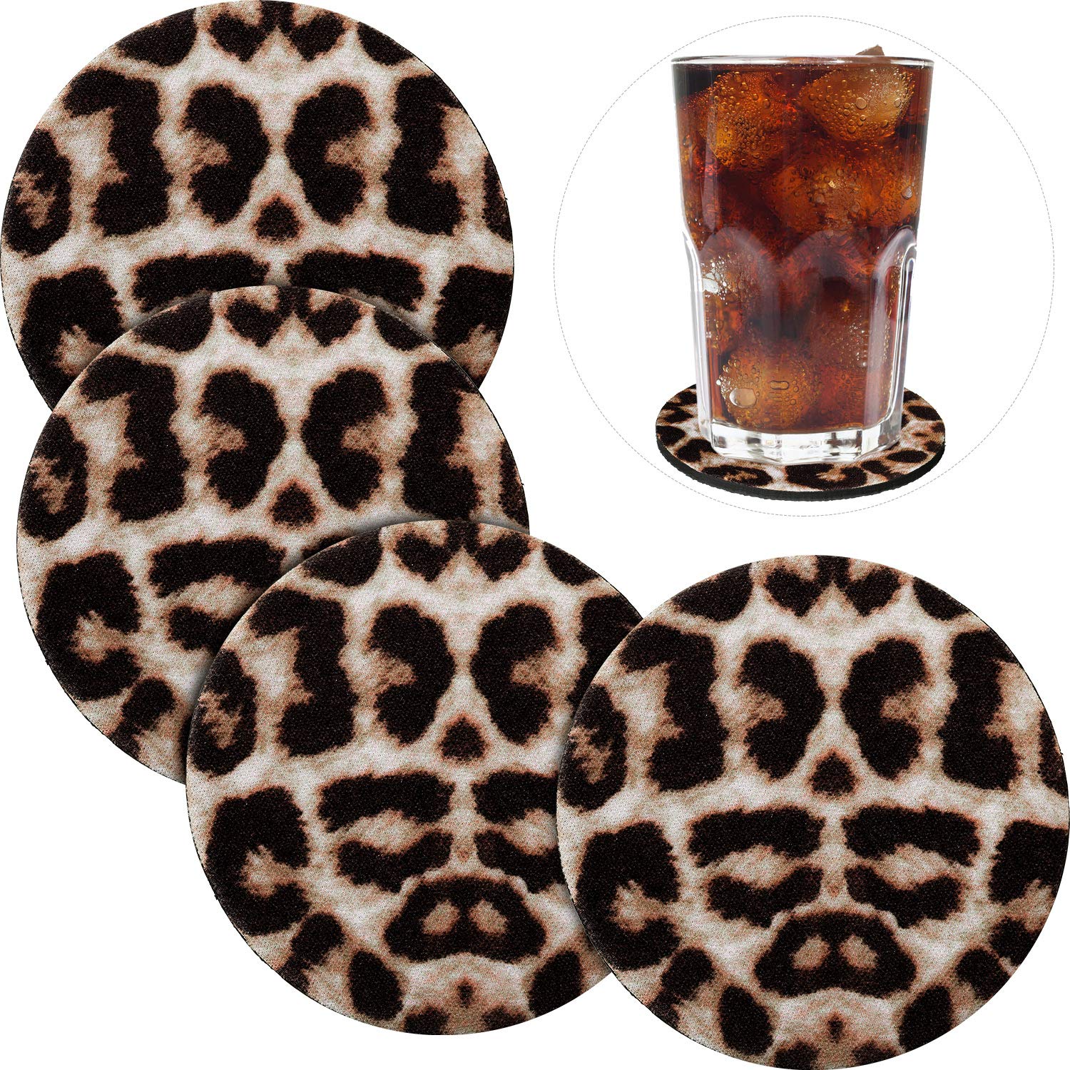 4 Pieces 3.54 Inch Leopard Coasters Insulated Coaster Cheetah Print Absorbent Neoprene Cup Holder Coaster for Kitchen Office Living Room Furniture Drinking Coaster