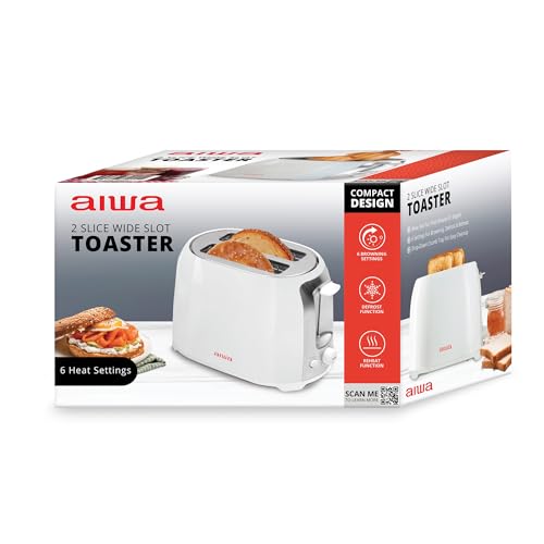 Aiwa Toaster, 2 Slice Wide Slot, Reheat and Defrost Function, 6 Browning Settings, Drop Down Crumb Tray, White