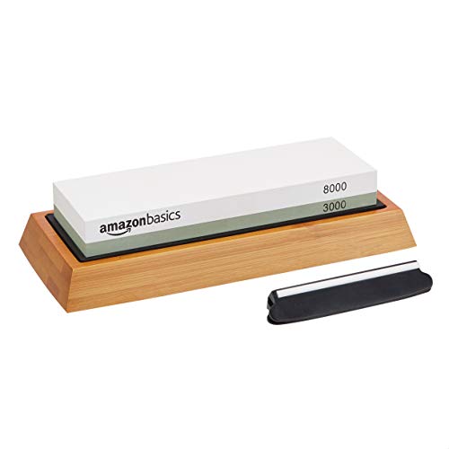 Amazon Basics Whetstone Knife Sharpening Wet Stone - Dual-Sided 3000/8000 Grit with Non-Slip Bamboo Base, 18 x 6.1 x 2.8 cm, Black & Grey, 1 Pc