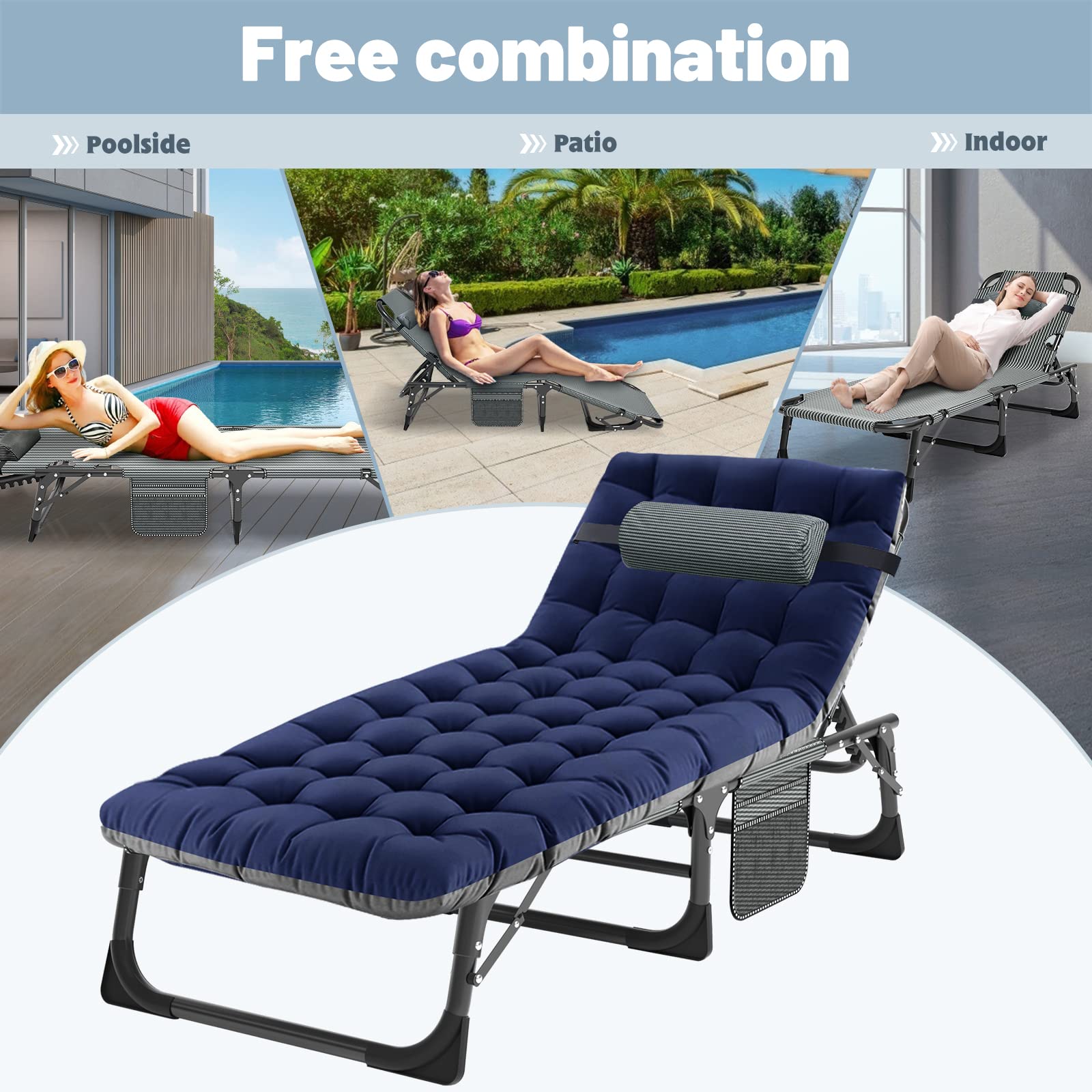Slsy Folding Lounge Chairs Outdoor, Adjustable Sleeping Cot Chair, Portable Folding Bed Cot Chaise Lounge Chairs for Outside Beach Lawn Camping Pool Sun Tanning