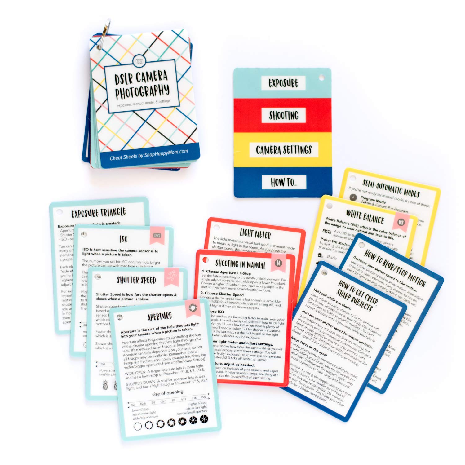 DSLR Cheat Sheet Cards for Canon, Nikon and Sony Cameras - Plastic Quick Reference Photography Cards | Camera Settings, Exposure & Manual Mode (Bright)