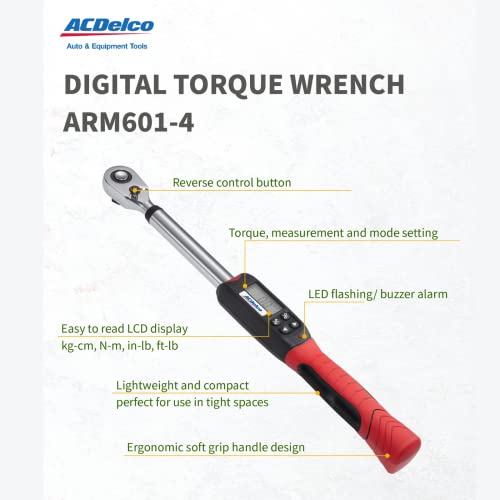 ACDelco ARM601-4 1/2” (14.8 to 147.5 ft-lbs.) Heavy Duty Digital Torque Wrench with Buzzer and LED Flash Notification – ISO 6789 Standards with Certificate of Calibration