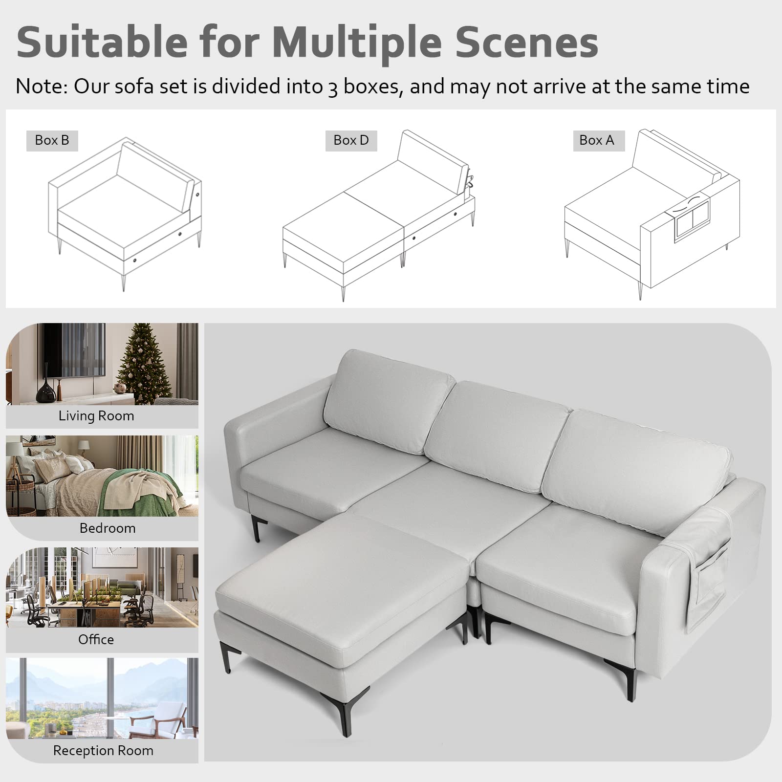 Giantex 94.5" L Convertible Sofa Couch, 3 Seat Sectional Sleeper with USB Ports & Socket, Reversible Chaise Lounge, Storage Box, L-Shaped Modular Sofa for Living Room Bedroom Office, Light Grey