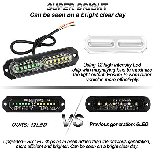 ASPL 8pcs Sync Feature Ultra Slim 12-LED Surface Mount Flashing Strobe Lights for Truck Car Vehicle LED Mini Grille Light Head Emergency Beacon Hazard Warning lights (Green/White)