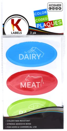 6 Kosher Plaques and Labels โ 2 Blue Dairy, 2 Red Meat, 2 Green Parve - Self Adhesive, Color Fade Resistant โ Color Coded Kitchen Stickers by The Kosher Cook