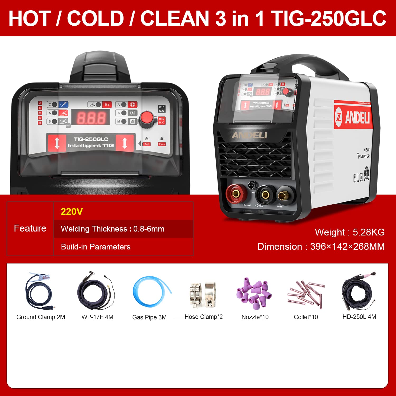 ANDELI TIG Welder TIG-250GLC 170Amp 220V Pulse Hot/Cold/Clean Portable Welding Machine, IGBT Digital Inverter Welder (TIG-250GLC 3 in 1)