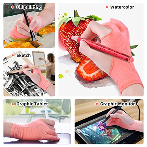 Artist Drawing Glove for Women [2 Pack Pink] 3-Layer Palm Rejection Right/Left Hand Digital Graphic Tablet iPad Art Gloves Two Finger Smooth Elasticity Breathable for Sketching Painting