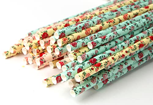 75-Pack Biodegradable Floral Paper Straws - Pink, Blue, Yellow - Vintage Flower & Rose Design - Eco-Friendly Disposable Straws for Parties by JPACO