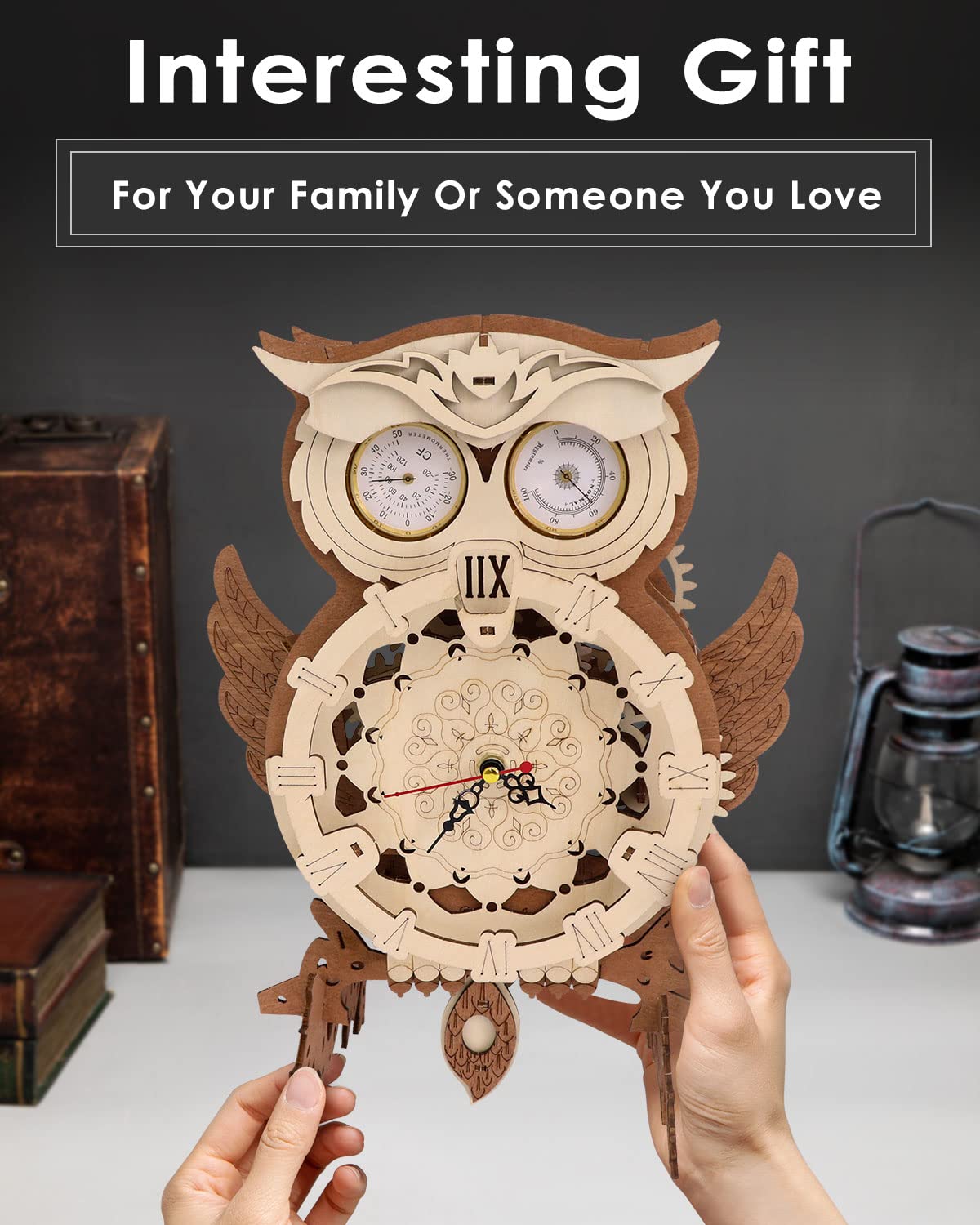3D Owl Clock Wooden Puzzle, DIY Mechanical Model Building Kits Toys, Birthday Gift for Adults and Children Age 14+