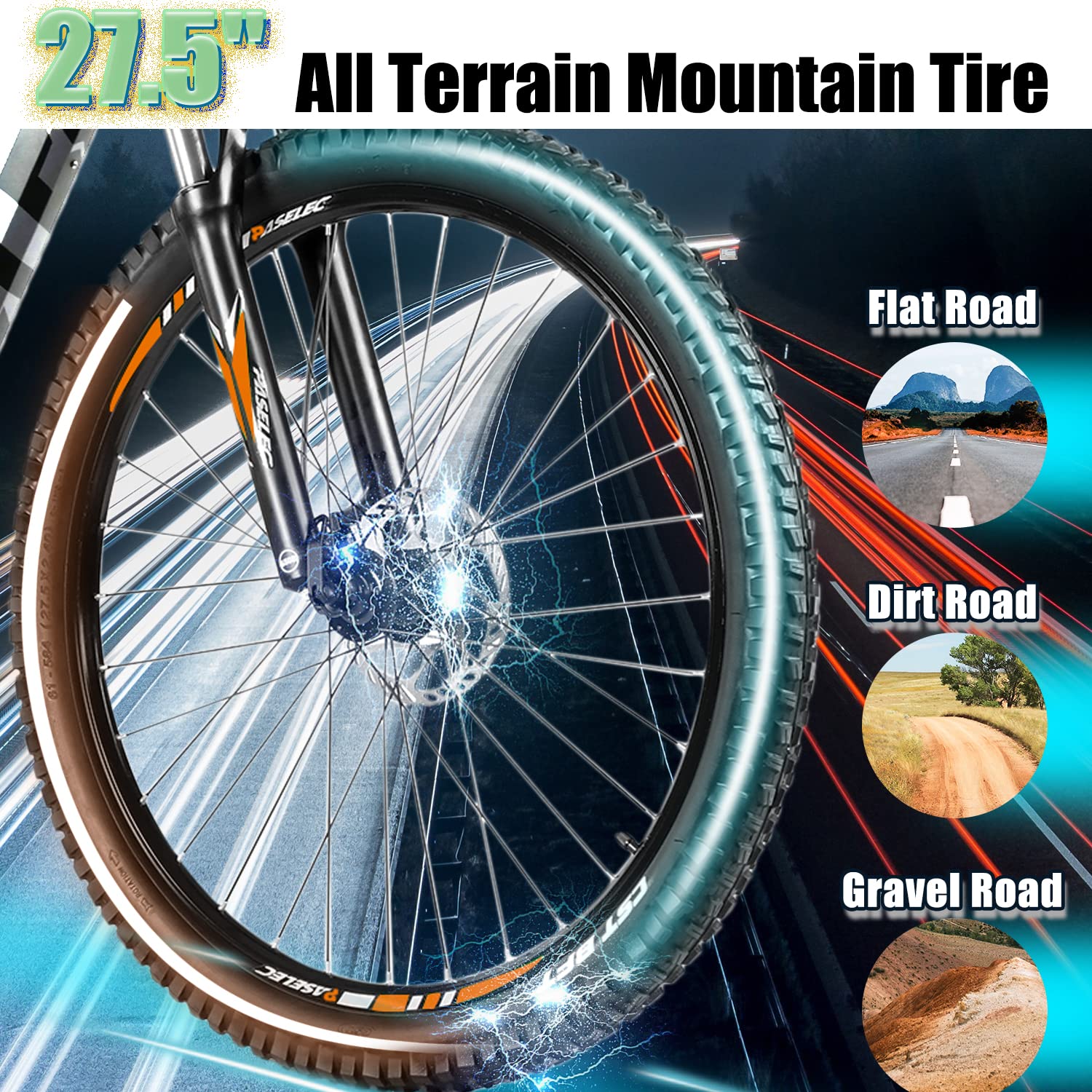 27.5'' Electric Mountain Bikes for Adults 500W E-Bike 48V 13AH Removable Battery Fat Electric Bicycle Step Thru MTB with Professional 9-Speed Gears