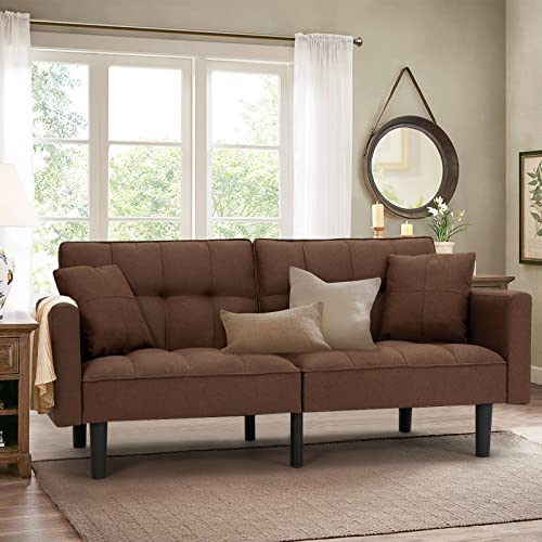 AVAWING Futon Sofa Bed, Modern Linen Fabric Convertible Sofa Bed Upholstered Sofa Couch Bed with Adjustable Back, Arms and High Strength Nylon Legs for Living Room, Apartment, Office(Brown)