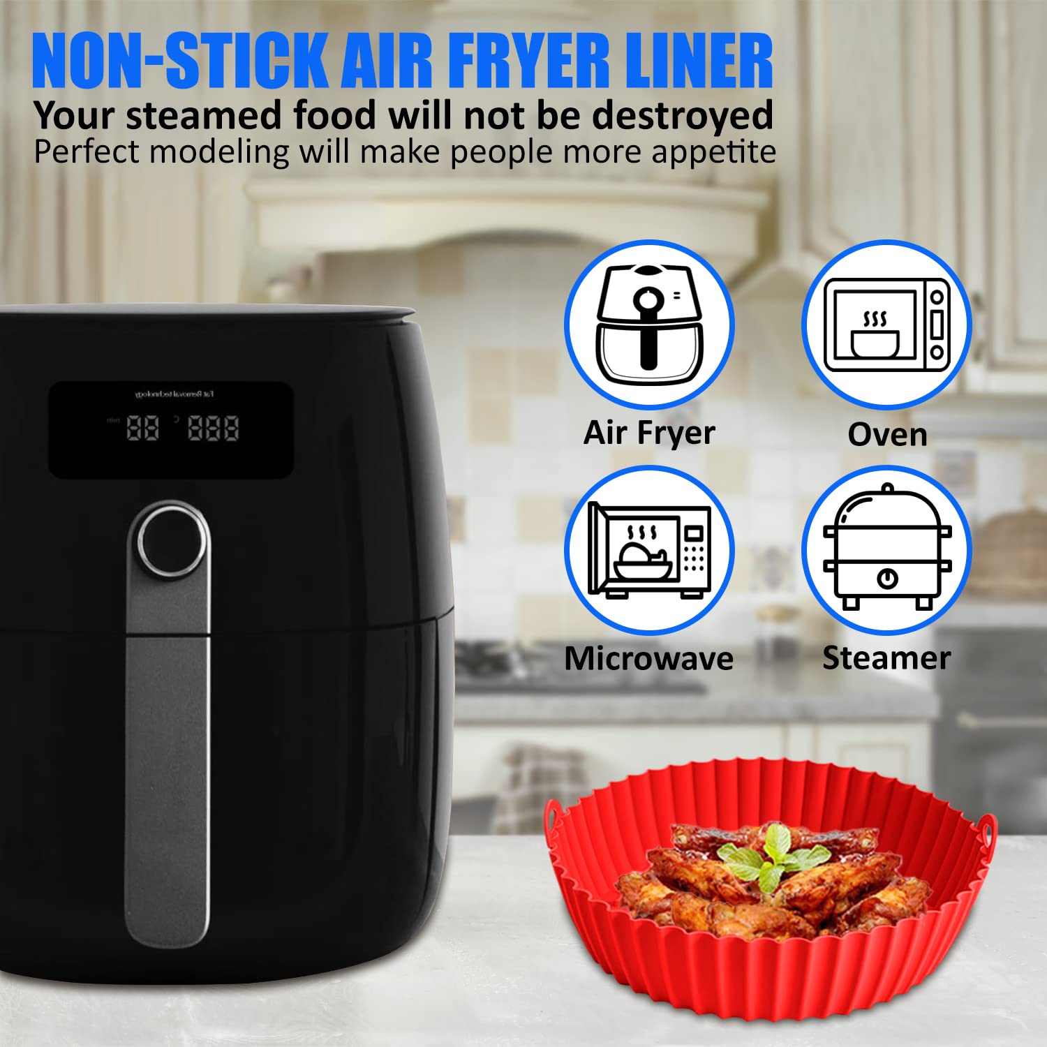 Air Fryer Liners with Oven Mitts and Pastry Brush β 7.5 x 7.5 x 2.5 Inches Reusable Air Fryer Liners Silicone Set with Basting Brush and Oven Gloves β Durable Silicone Material