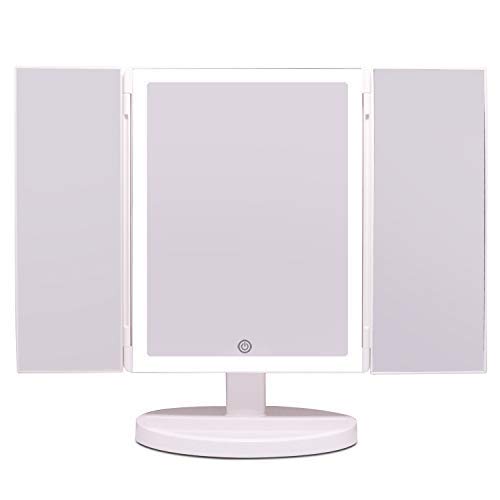 KXA Tri-Fold Vanity Mirror, 24 LED Lighted with Touch Screen 1X/2X/3X Magnification and USB Charging Adjustable Brightness and Stand for Makeup