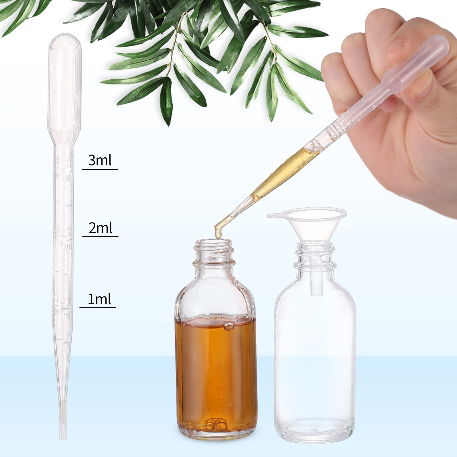 72, 2oz Small Clear Glass Bottles with Lids Boston Round Sample Bottles for Essential Oil Vanilla Hot Sauce Juice Whiskey Bourbon Liquid come with 5 Funnels,5 Droppers,72 Labels,1Brush&Chalk Marker