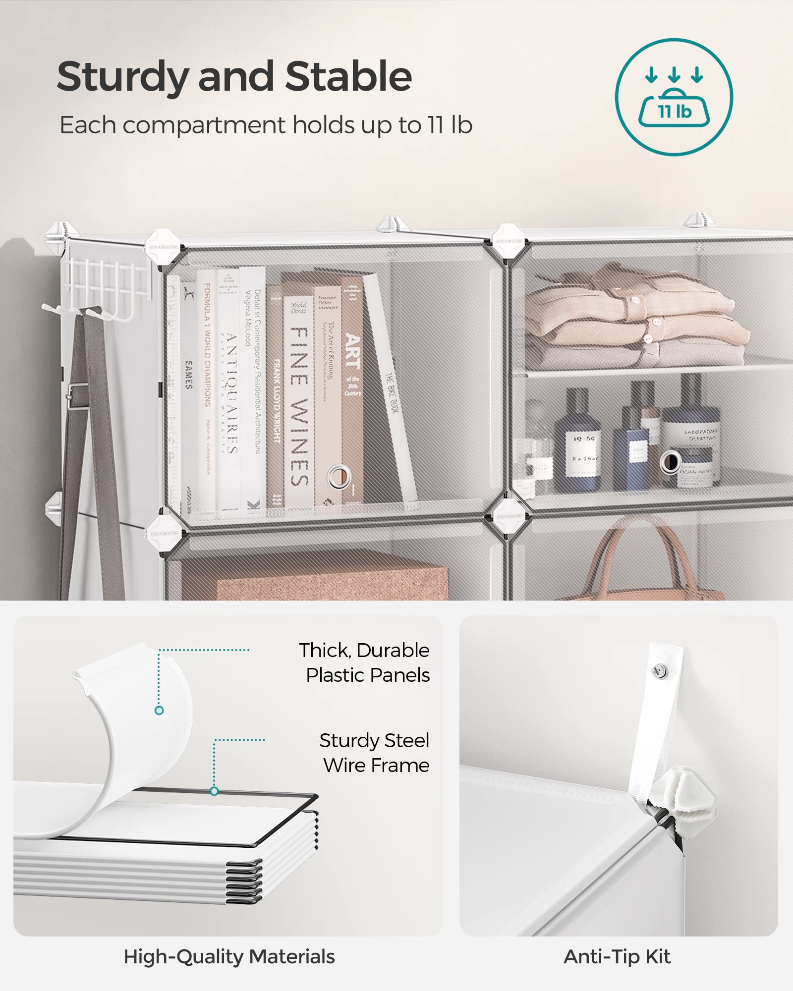SONGMICS Shoe Rack, 8 Cubes Shoe Organizer with Doors, 32 Pair Plastic Shoe Storage Cabinet, for Bedroom, Entryway, Steel Frame, Plastic Panel, White ULPC034W01