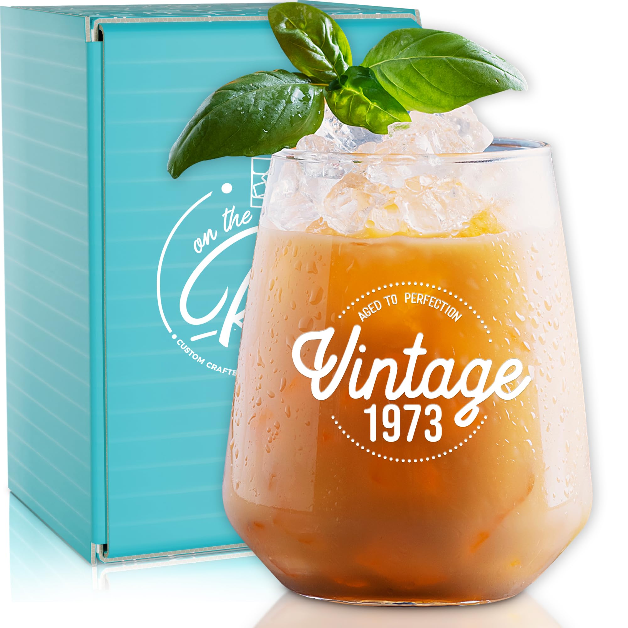 50th Birthday Gifts for Women and Men - 14oz Vintage 1973 50 Year Old Gifts for Women - Dishwasher Safe Stemless Wine Glass - Cool Gifts for 50 Year Old Woman - On the Rox