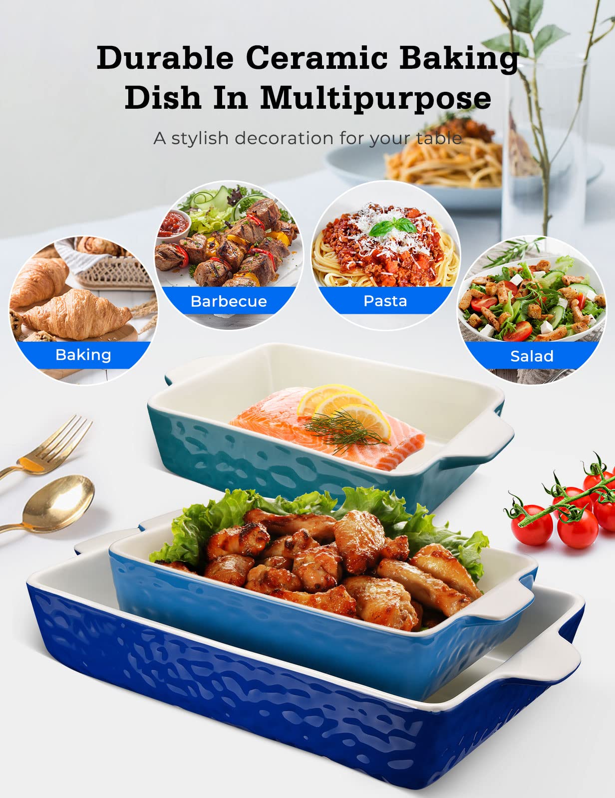 3Pack Ceramic Baking Dish for Oven Large Casserole Baking Dish with Handles Packaging Upgrade Nonstick Ceramic Bakeware for Cooking, Cakes, Lasagna & Gift, Blue