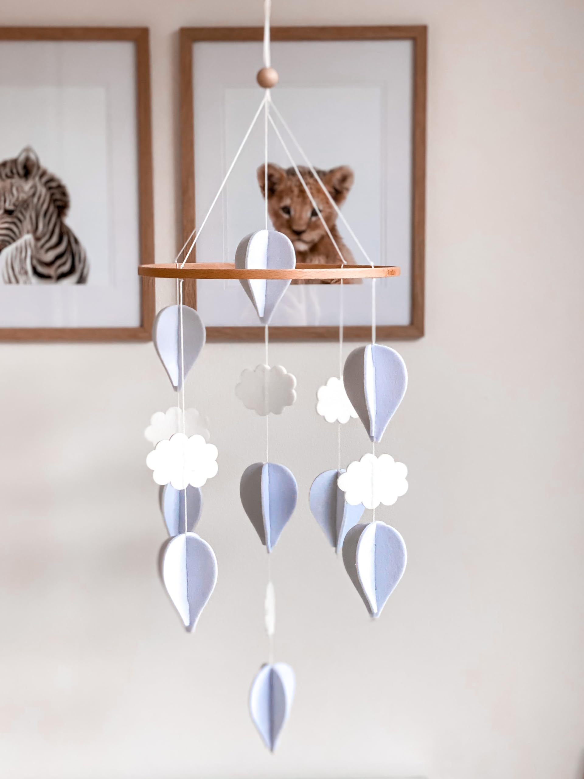 EcoCubs Handmade Baby Crib Mobile | White & Pale Grey | Hot Air Balloons & Clouds | Eco-Friendly Felt & Organic Beech Wood | Gender Neutral Nursery Decor | Simple & Modern Design