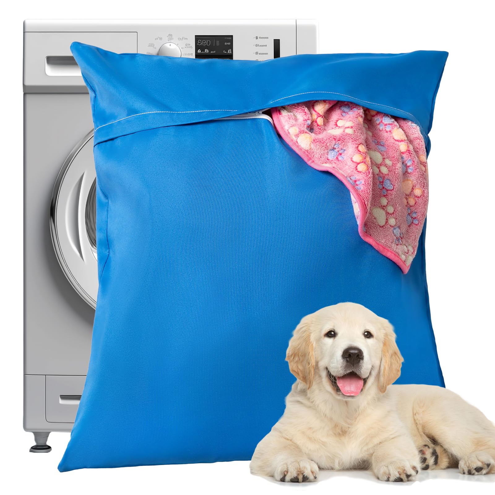 PAWFINITY Pet Laundry Bag, Pet Washing Bag for Guinea Pig Liner, Dog Bed, Pet Fleece & Blanket, Stop Pets Hair Clogging Washing Machine, Pet Laundry Helper - 30"Ă34", Blue