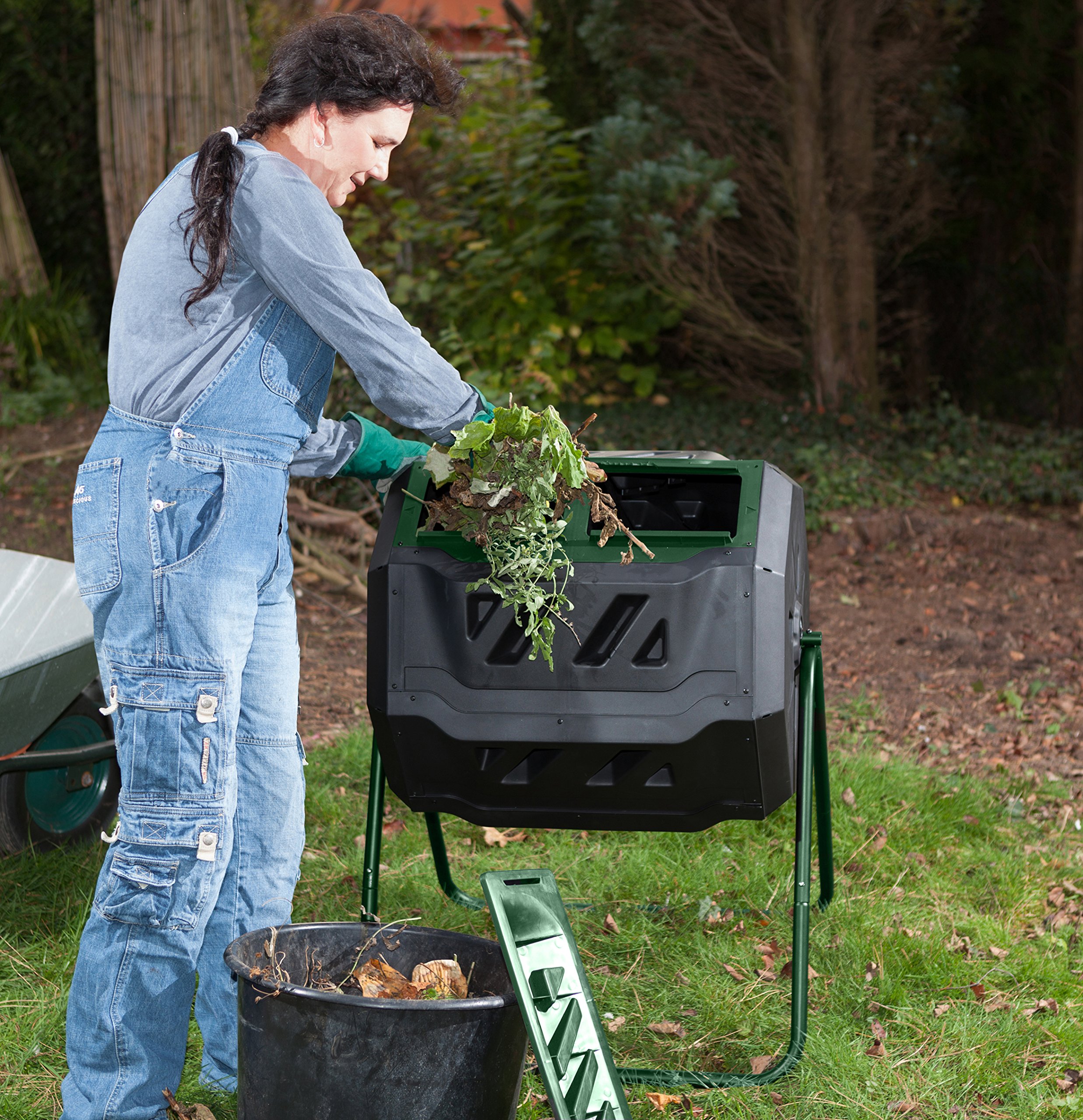Exaco Trading Company Exaco Mr.Spin Compost Tumbler - 160 Liters / 43 Gallon, Dual Chamber Composter On Two-Leg Stand,Green/Black