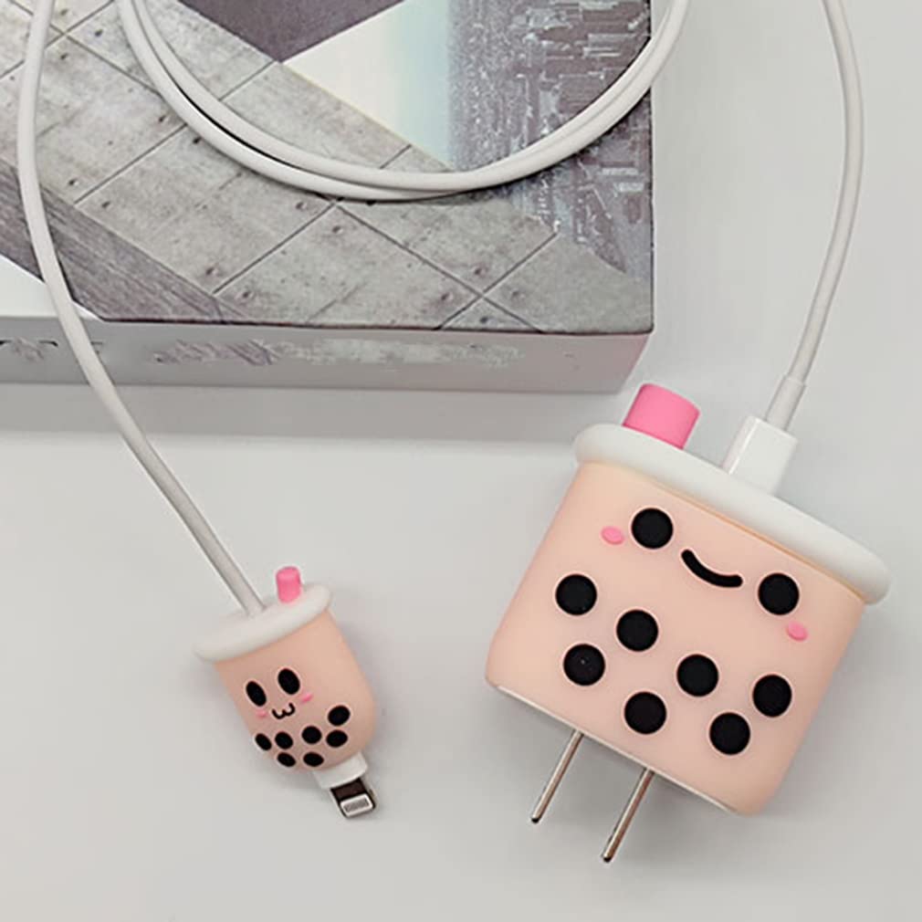 3D Protective Case for iPhone 20W USB-C Power Adapter Charger USB Lightning Cable, Cute Cartoon Series Soft Silicone Fast Lightning Chargers Cable Protective Cover for iPhone Charger (Boba Milk Tea)