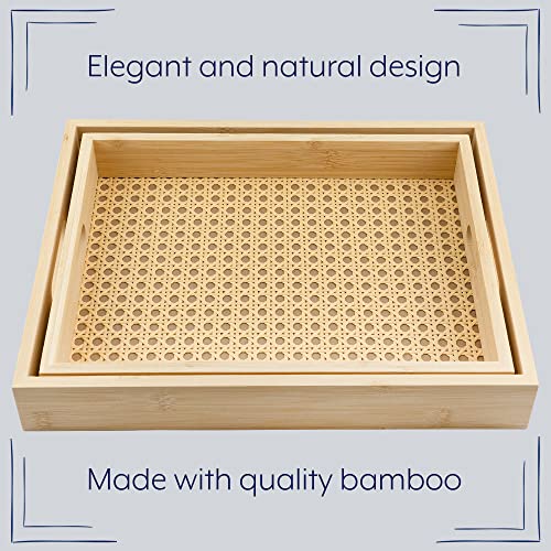 AuldHome Ottoman Rattan Breakfast Trays (Set of 2); Basket Serving Trays with Wooden Fram for Serving Guests, Coffee Break, Breakfast and More