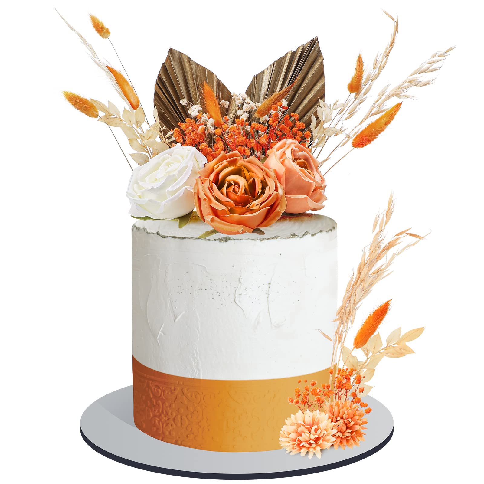 28 Pcs Boho Cake Topper Decorations Vintage Artificial Rose Flowers Leaves for Cake Decorating Kit Dried Faux Flower Decor for Bohemian Wedding Bridal Baby Shower Birthday Party Supplies (Orange)