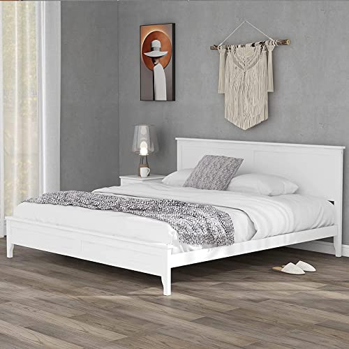 MERITLINE King Size Platform Bed Frame with Headboard/Solid Wood Foundation with Wood Slat Support/No Box Spring Needed/Easy Assembly, Rustic Pine (King, White)
