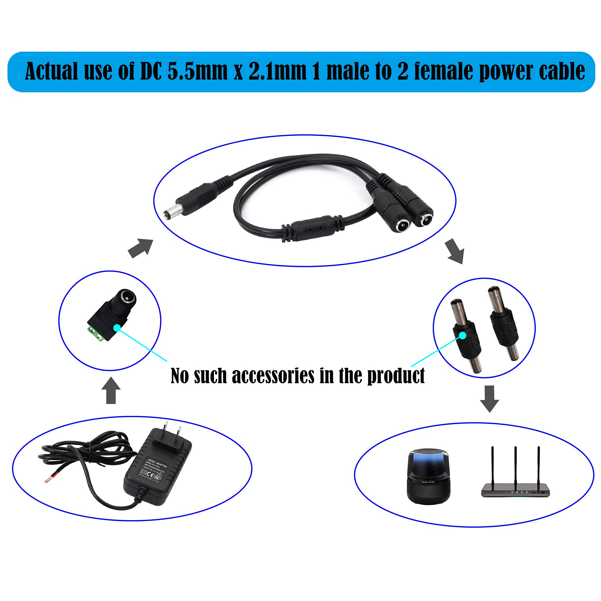 GINTOOYUN DC Y Splitter Cable 1 Male to 2 Female,5.5mm x 2.1mm DC Power Extension Adapter Cable,for CCTV Surveillance Cameras,Surveillance Routers,DVR,and More(2PCS