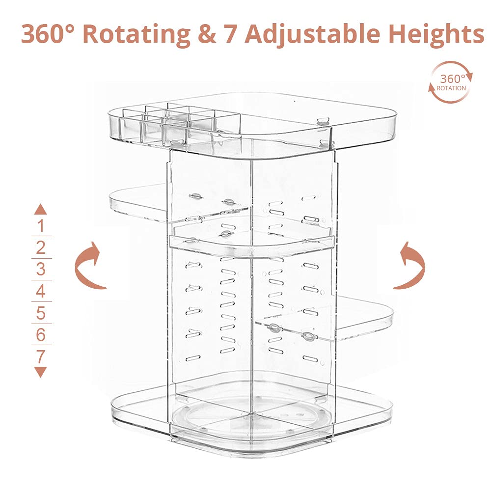 DreamGenius 360 Rotating Makeup Organizer, DIY Adjustable Makeup Carousel Spinning Holder Storage Rack, Large Capacity Make up Caddy Shelf Cosmetics Organizer Box, Best for Countertop, Square