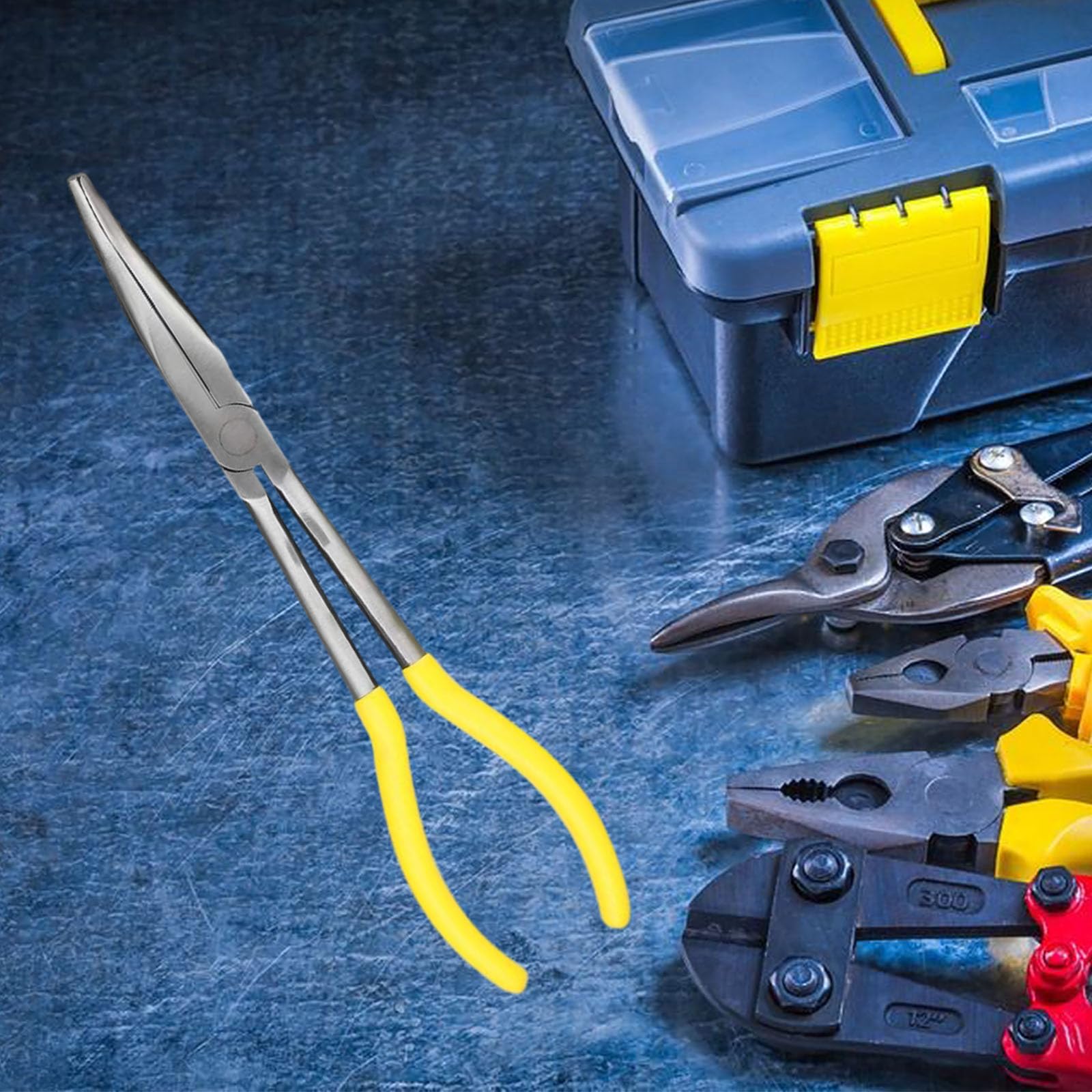 BQKKWIN 11 Inch Long Reach Long Nose Pliers | Designed for Mechanics, Technicians, and Contractors | Work with Delicate or Difficult-to-Reach Pieces | Milled-Jaws | Steel “45 Degree Bent Nose Plier