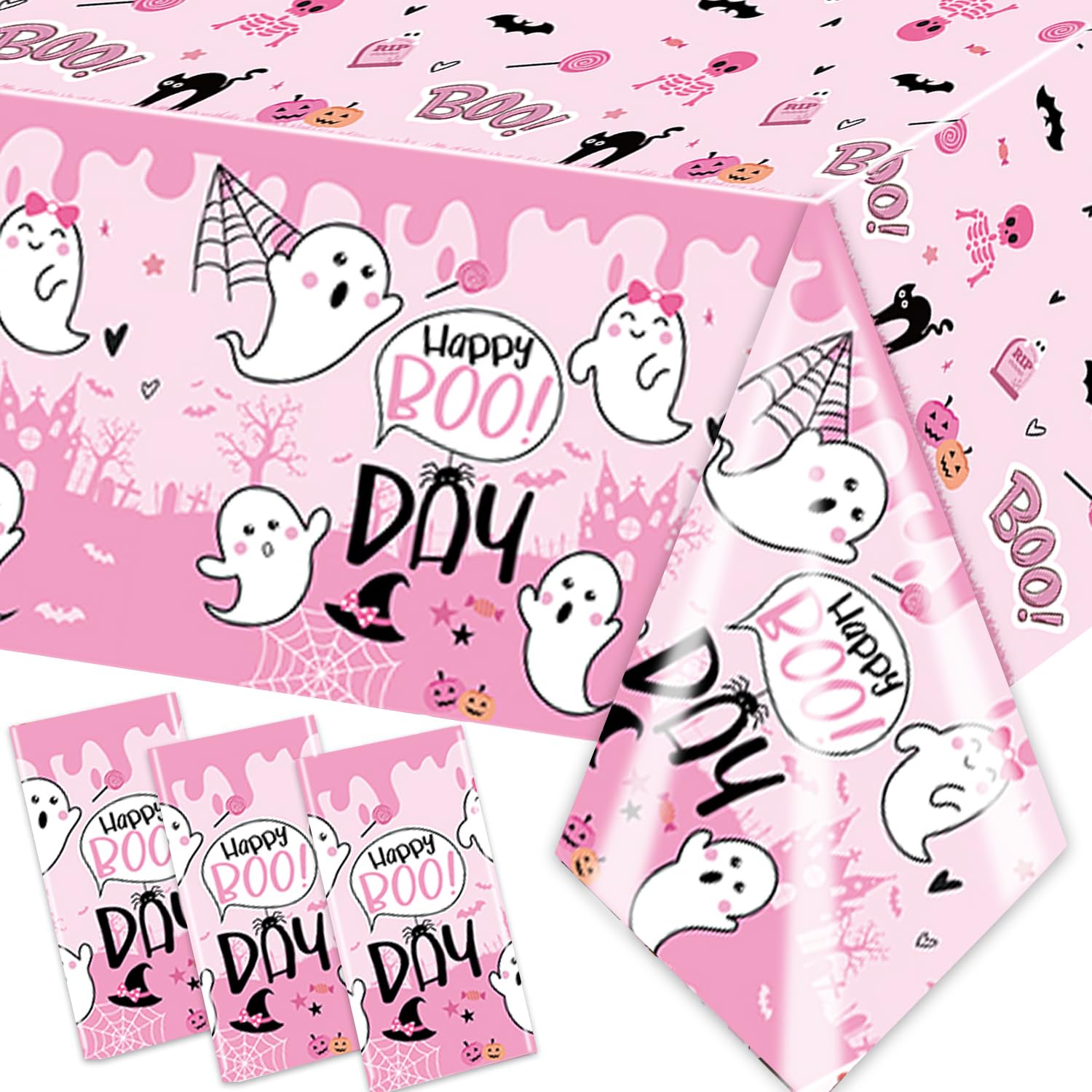 3Pack Pink Happy Boo Day Tablecloths,Halloween Party Tablecloths Disposable Pumpkin Ghost Theme Table Cover for Halloween Birthday Party Supplies