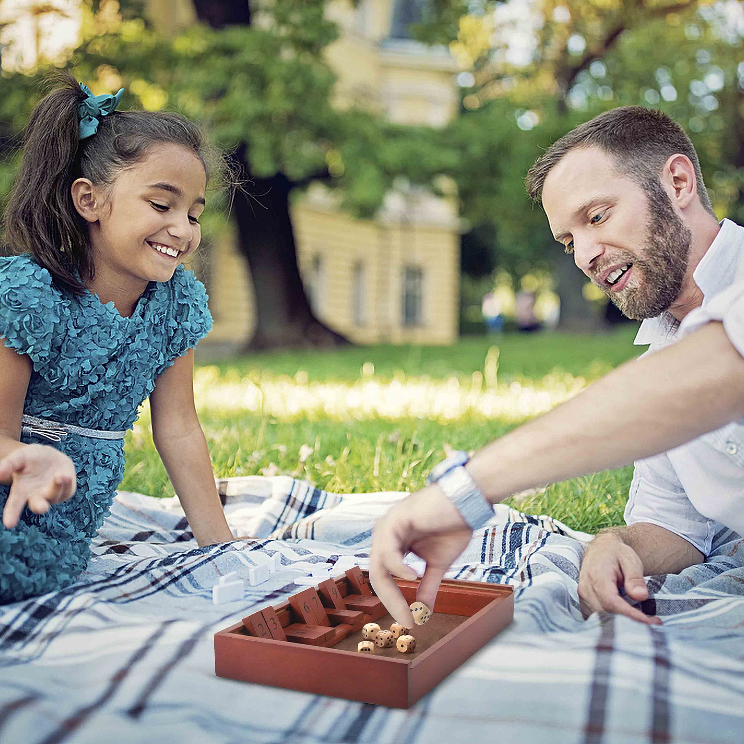 AMEROUS Shut The Box Dice Game,Wooden Board Table Math Game with Lid - 6 Dice - Gift Package - Rules, Classic Board Game for Kids Adults, Family