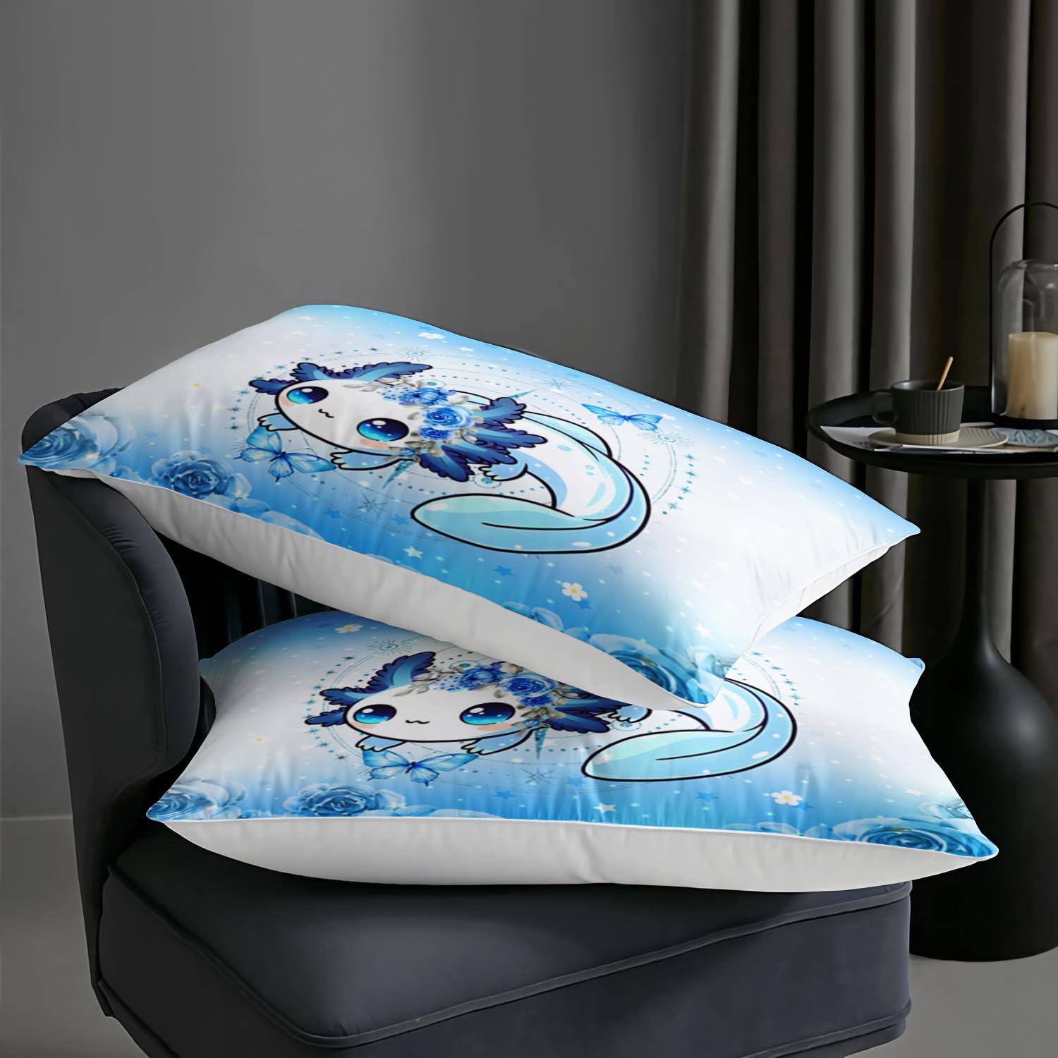 AILONEN Cartoon Axolotl Kids Comforter Set Queen Size, Blue Axolotl Printed Kawaii Bedding Set Girls Bed in a Bag 3 Pieces,Wildlife Animals Axolotl Salamander Comforter with 2 Pillowcases