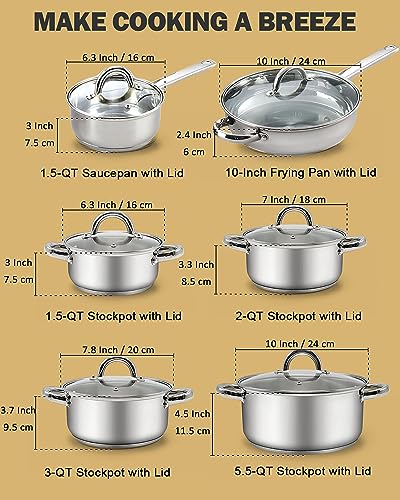 Cook N Home Kitchen Cookware Sets, 12-Piece Basic Stainless Steel Pots and Pans, Silver