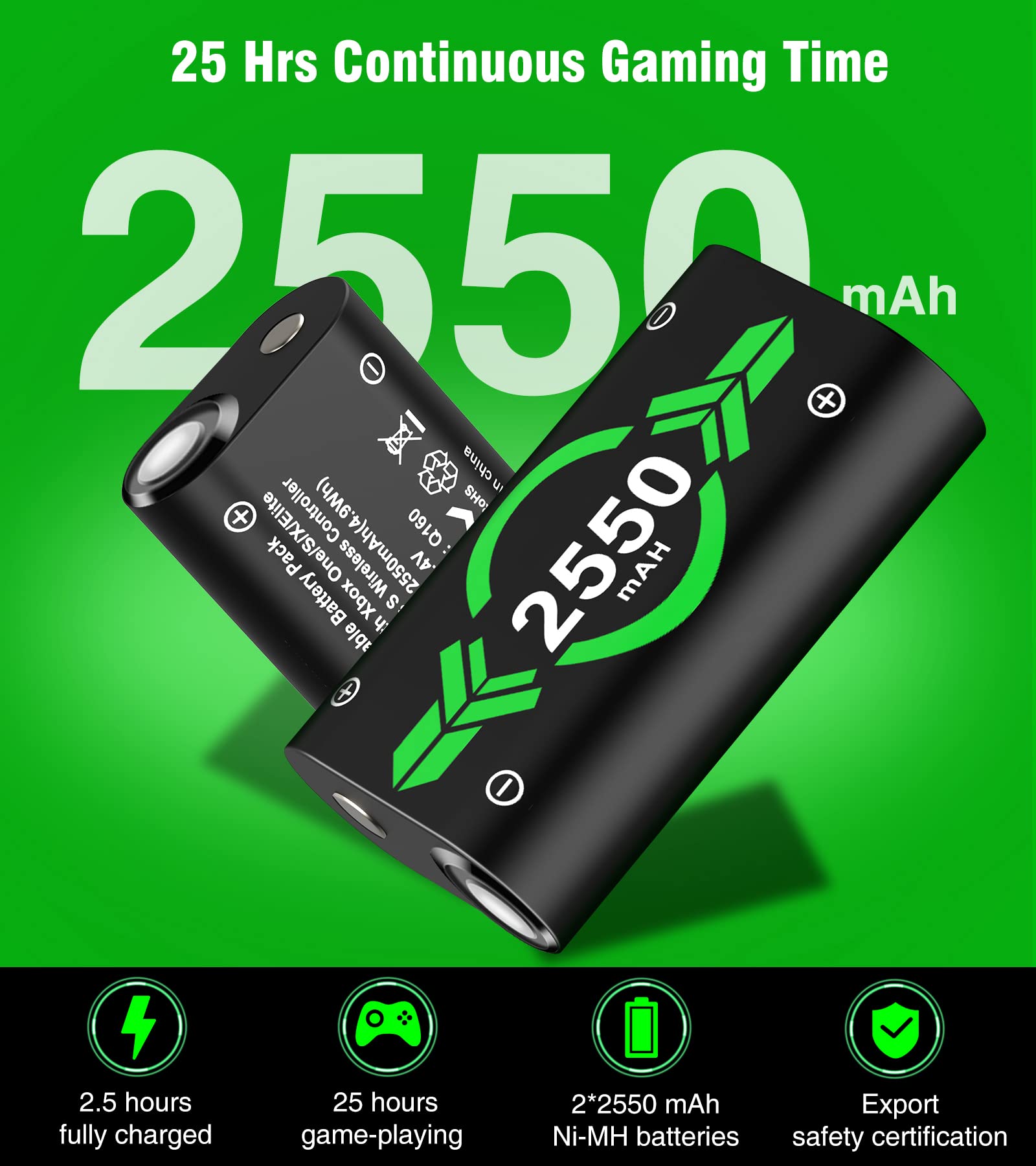 2x2550mAh Rechargeable Battery for Xbox One/Xbox Series X|S, Xbox Rechargeable battery pack for Xbox One/ Xbox S/ Xbox X/ Xbox Elite Controller, Xbox Controller Battery Pack with Charging Station