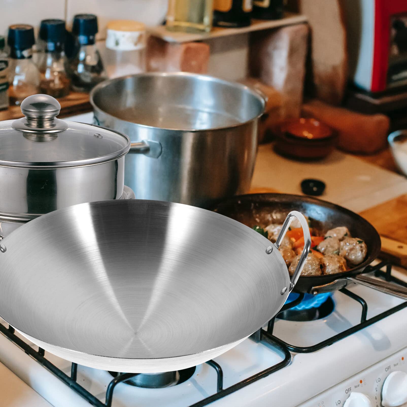 Luxshiny Stainless Steel Wok Non Stick Wok Pan Stainless Steel Pot Wok Skillet Nonstick Steel Skillet Everything Pan Camping Cookware Cooking Pot with Double Handle Gas Cooker Complex Work