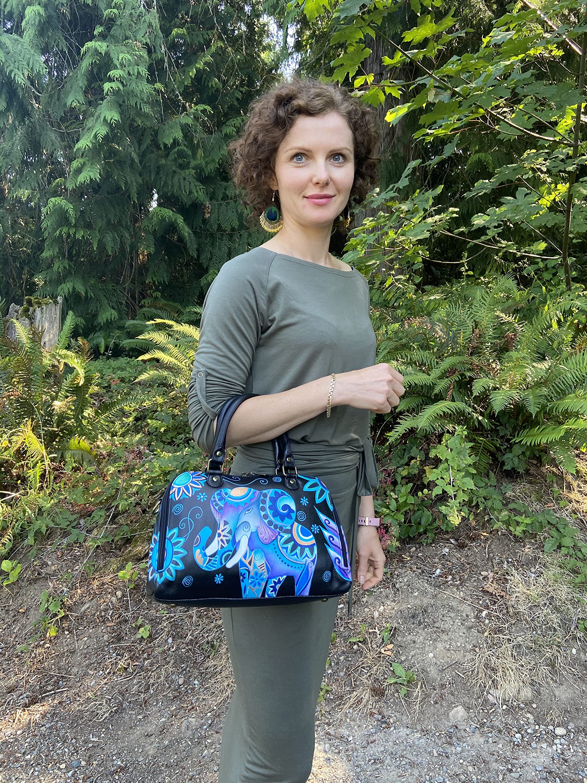 Anna by Anuschka Women's Anna Anuschka Hand Painted Women s Genuine Leather Wide Organizer Satchel Blue Elephant, Blue Elephant, One Size US