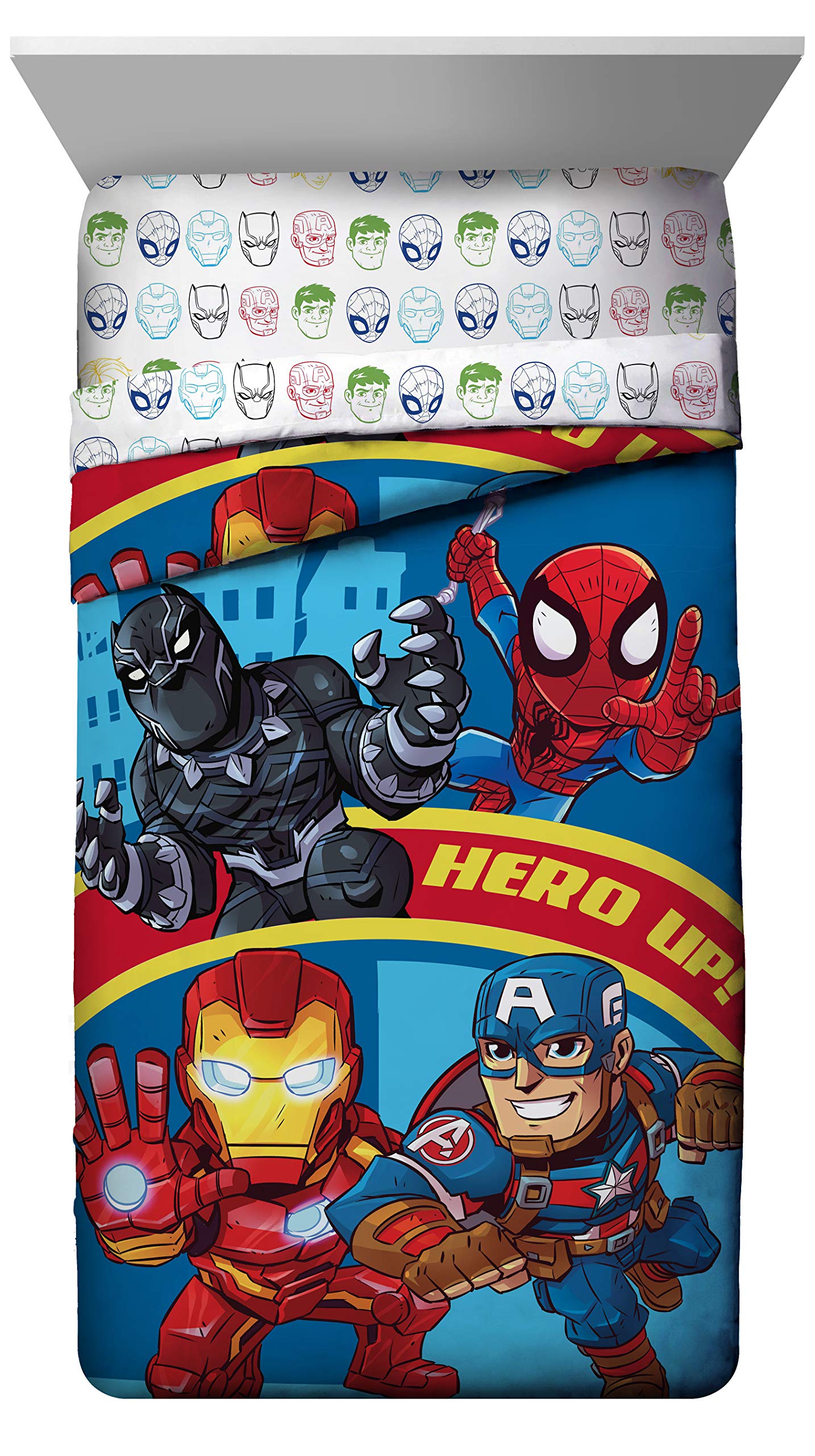 Jay Franco Marvel Super Hero Adventures Double Team 4 Piece Toddler Bed Set Super Soft Microfiber Bed Set-Bedding Features Captain America,Spiderman, Iron Man & Black Panther Official Marvel Product