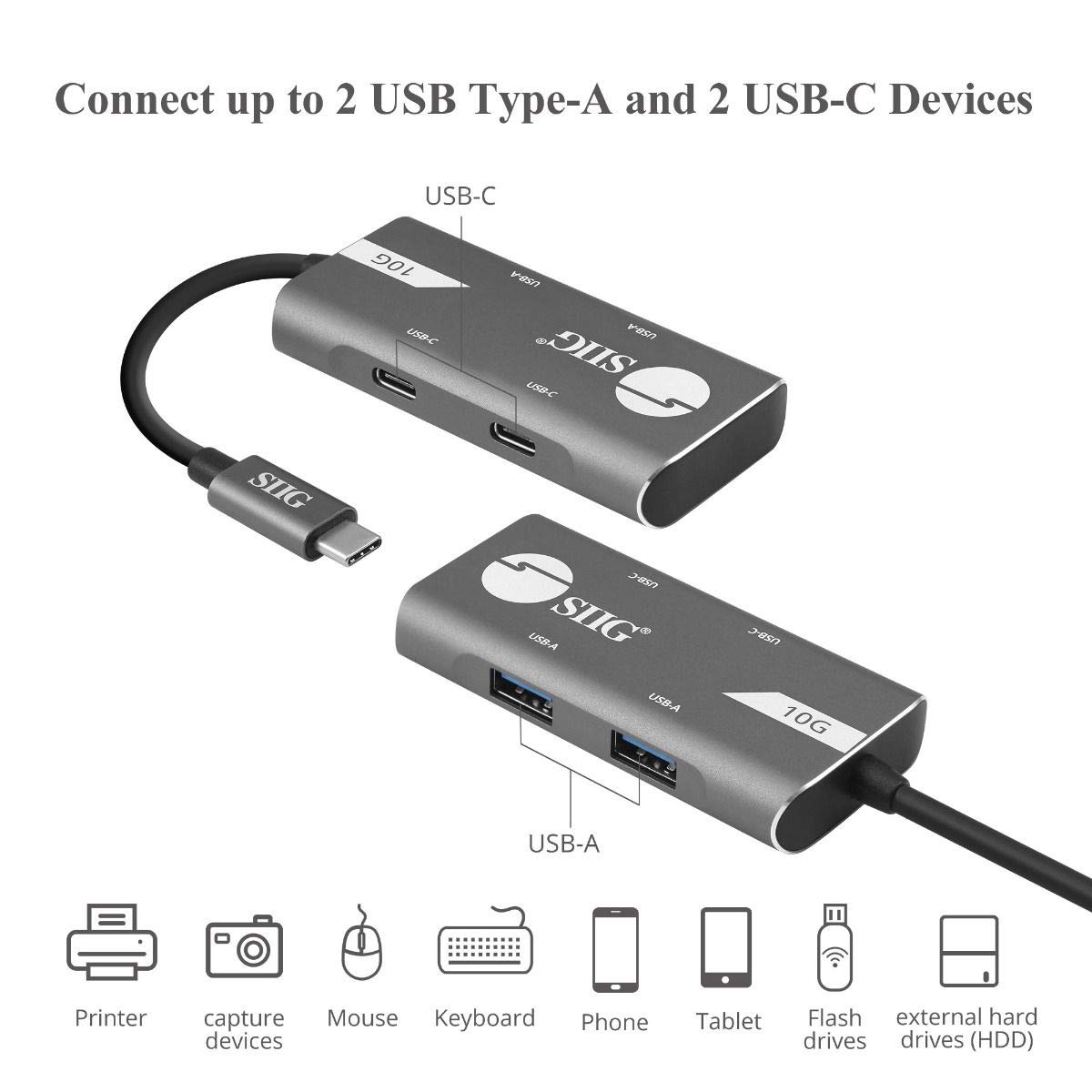 SIIG USB C Hub, 2X USB-C, 2X USB 3.1 with 10Gbps Data Transfer, Plug-n-Play for MacBook, PC, Laptop, Windows/MacOS (JU-H40G11-S1)