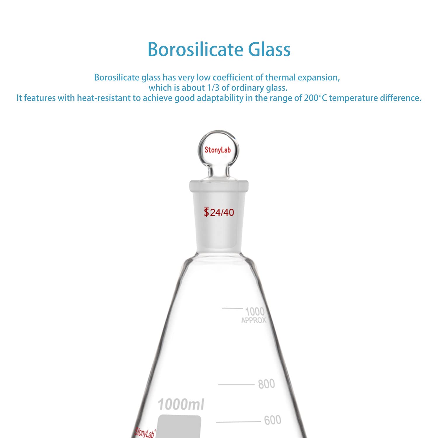 stonylab Glass 24/40 Erlenmeyer Flask with Stopper, 1000 ml Borosilicate Glass Heavy Wall Flask with 24/40 Standard Taper Outer Joint and Glass Stopper