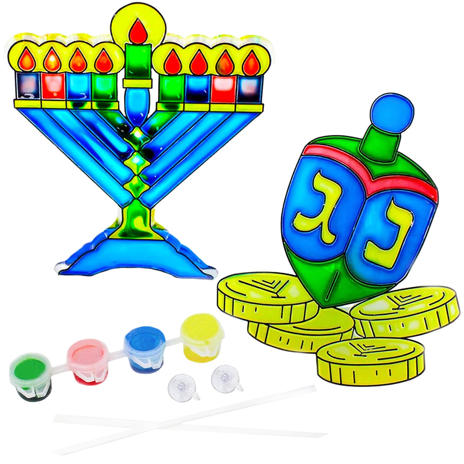 The Dreidel Company Hanukkah Suncatcher, Stained Glass Look, Chanuka Decorations, Paint Your Own Menorah and Dreidel, Fun and Educational (Single)