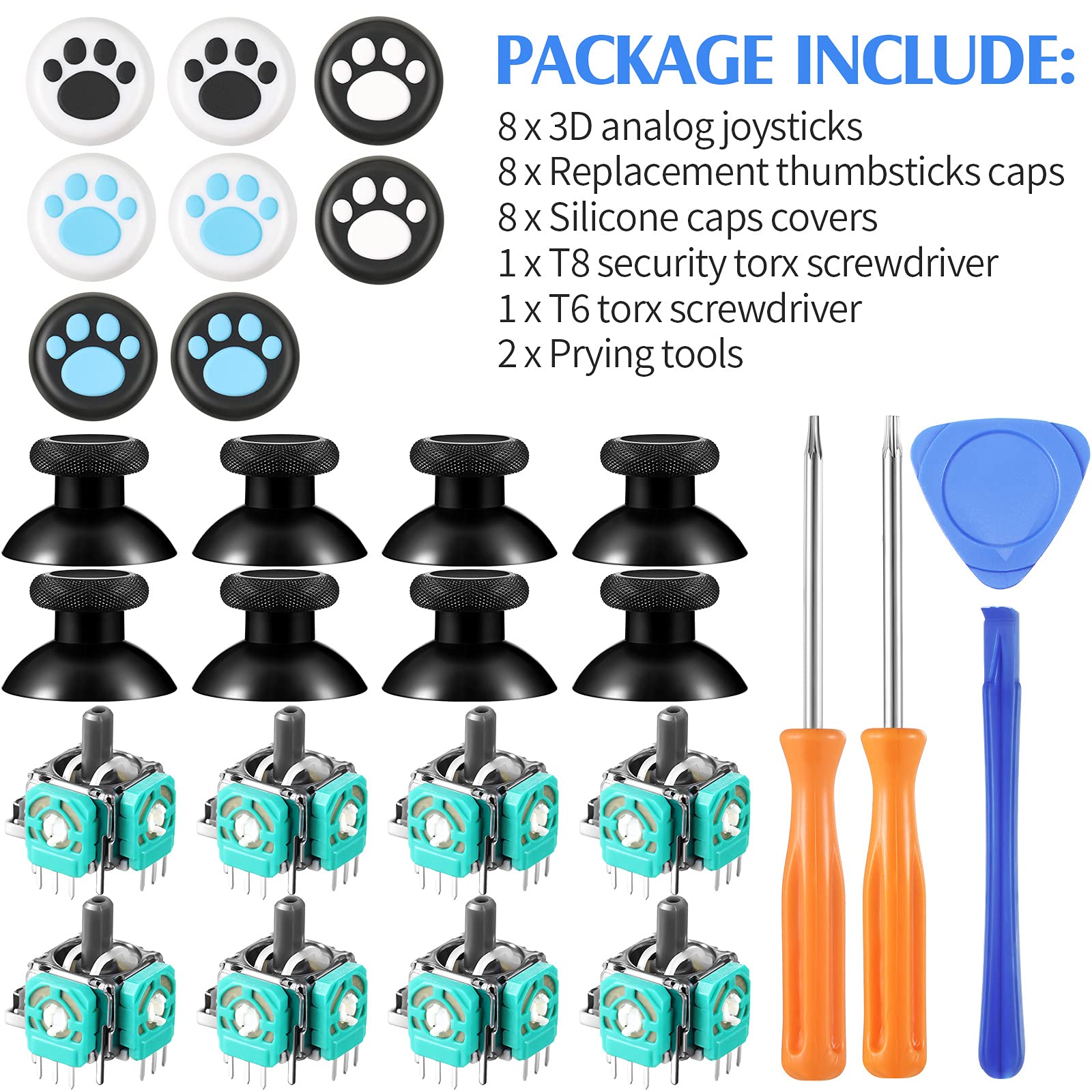 28 Piece Joystick Thumb Sleeve Silicone Cap Repair Kit with T6 T8 Screwdriver, 8 Pieces 3D Analog Joystick, 8 Pieces Thumb Caps, 8 Pieces Cat Claw Handle Buttons Compatible with Xbox One Controller
