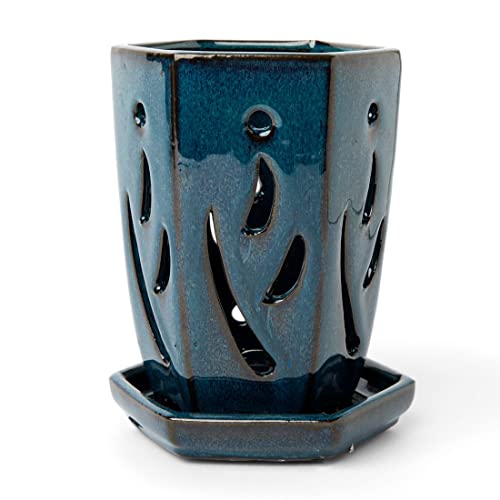 rePotme) 4 x 6 inch Hexagon Ceramic Orchid Pot with Matching Saucer (Teal Jade)